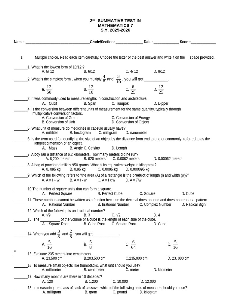 Math 7 Summative Test S.Y. 2025-2026 | PDF | Litre | Triangle