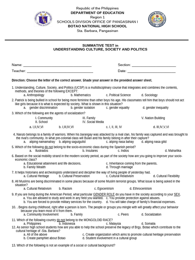 UCSP Summative Test Questions | PDF | Socialization | Gender