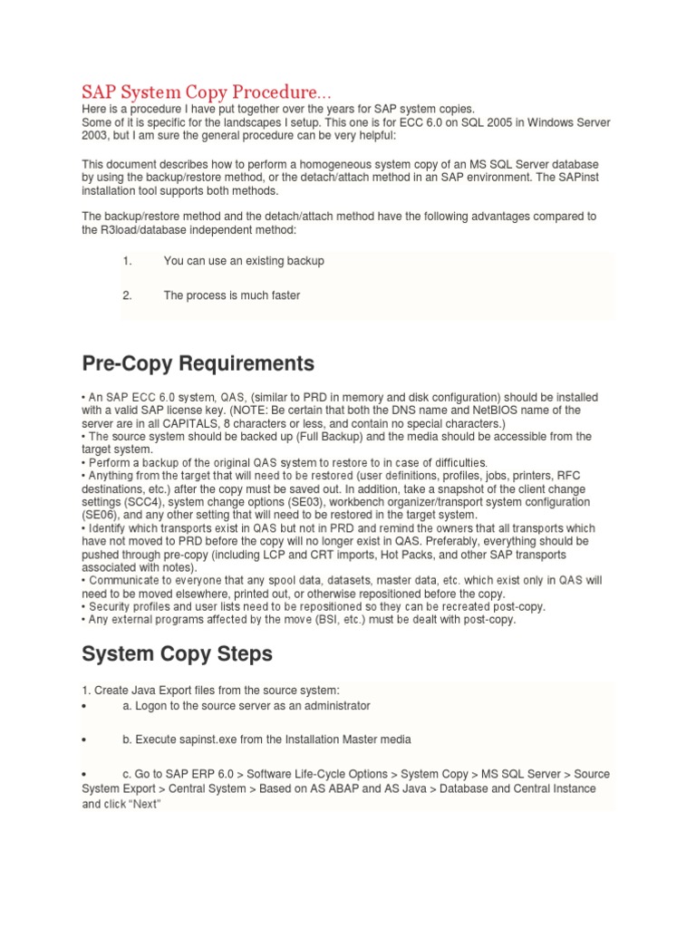 SAP System Copy Procedure | PDF | Backup | Databases