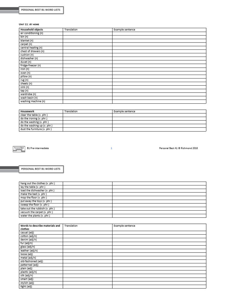 PB BrE B1 Word List U11 | PDF