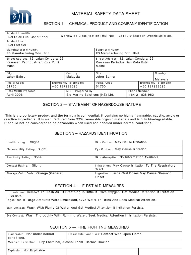 Fuel Stick Conditioner MSDS Guide | PDF | Solubility | Chemical Substances