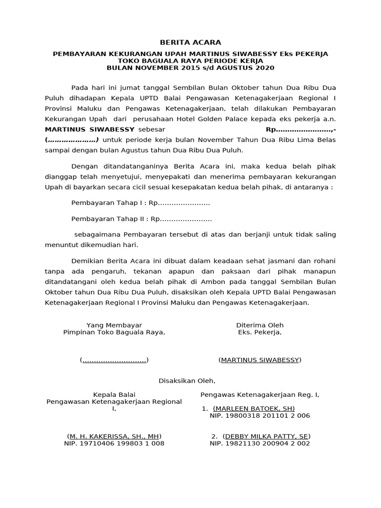 CONTOH BERITA ACARA PEMBAYARAN UPAH LEMBUR | PDF