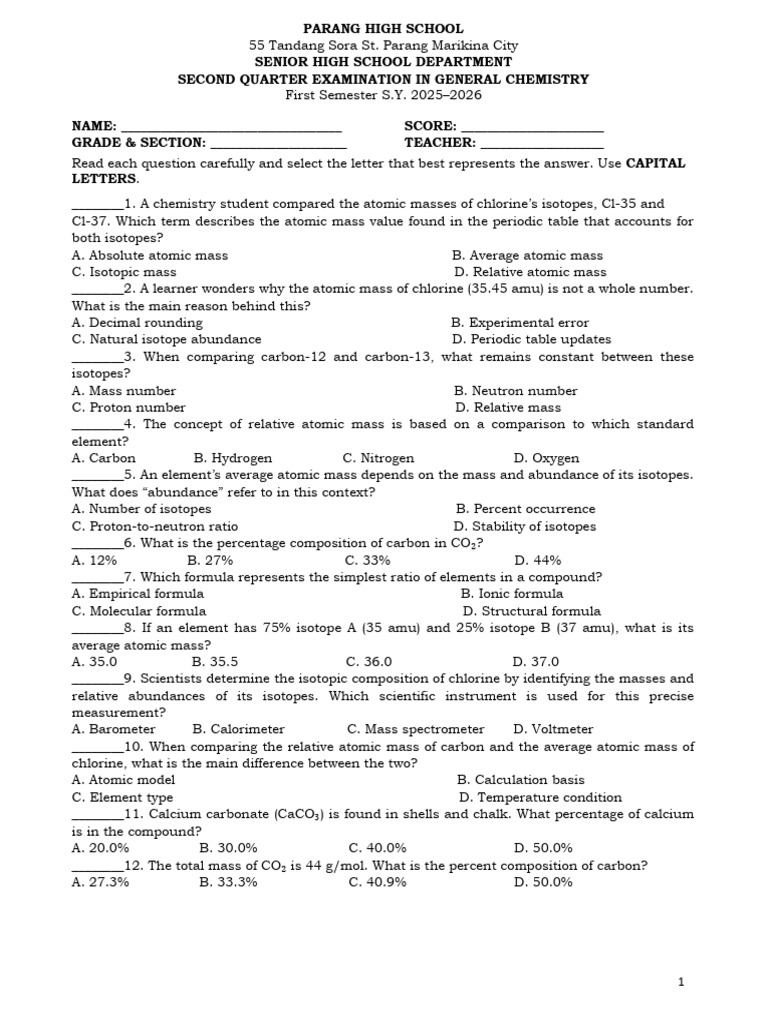 SECOND QUARTER EXAMINATION-GENERAL CHEMISTRY (1) | PDF | Ion | Chemical ...