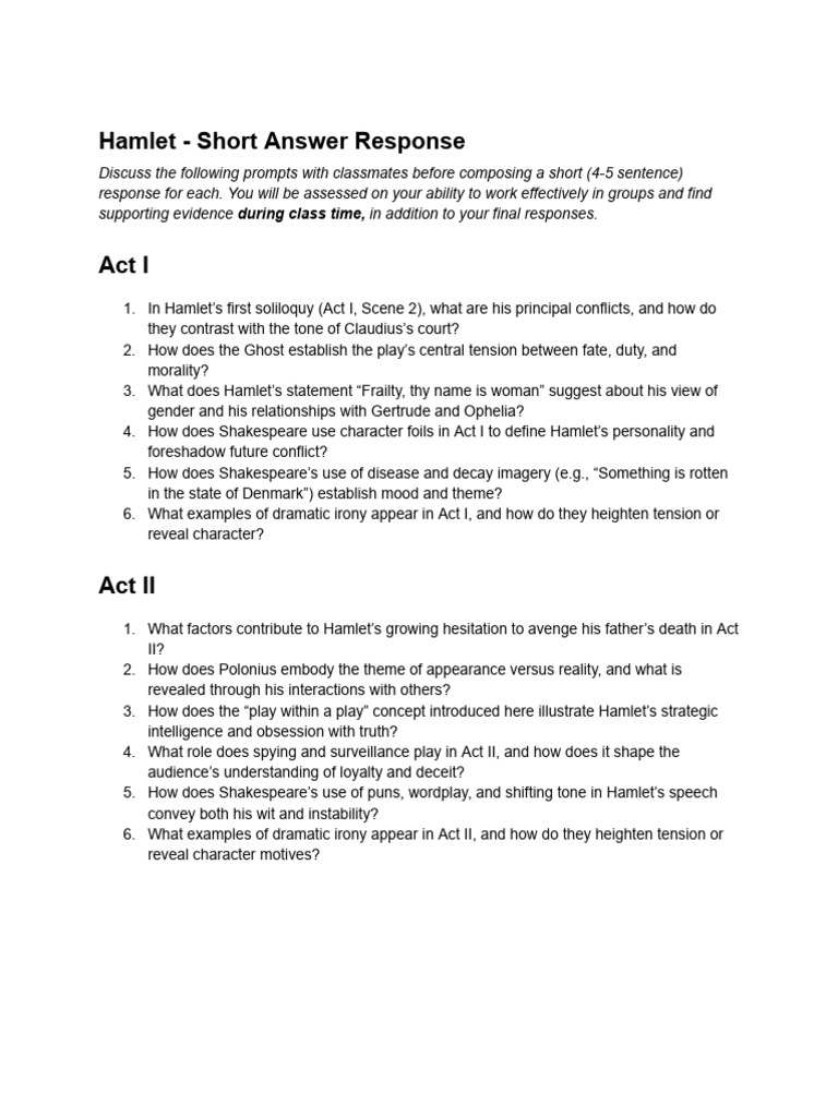 Hamlet - Short Answer Response - Acts 1 and 2 | PDF
