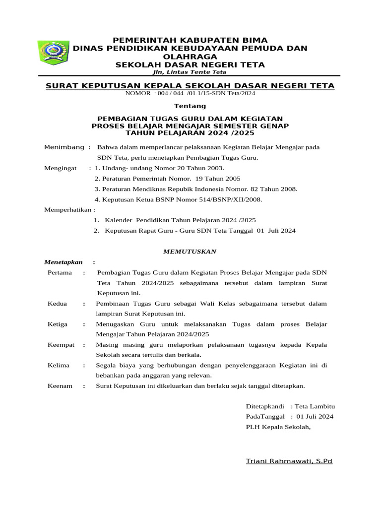 Sk Pembagian Tugas 2024 | PDF