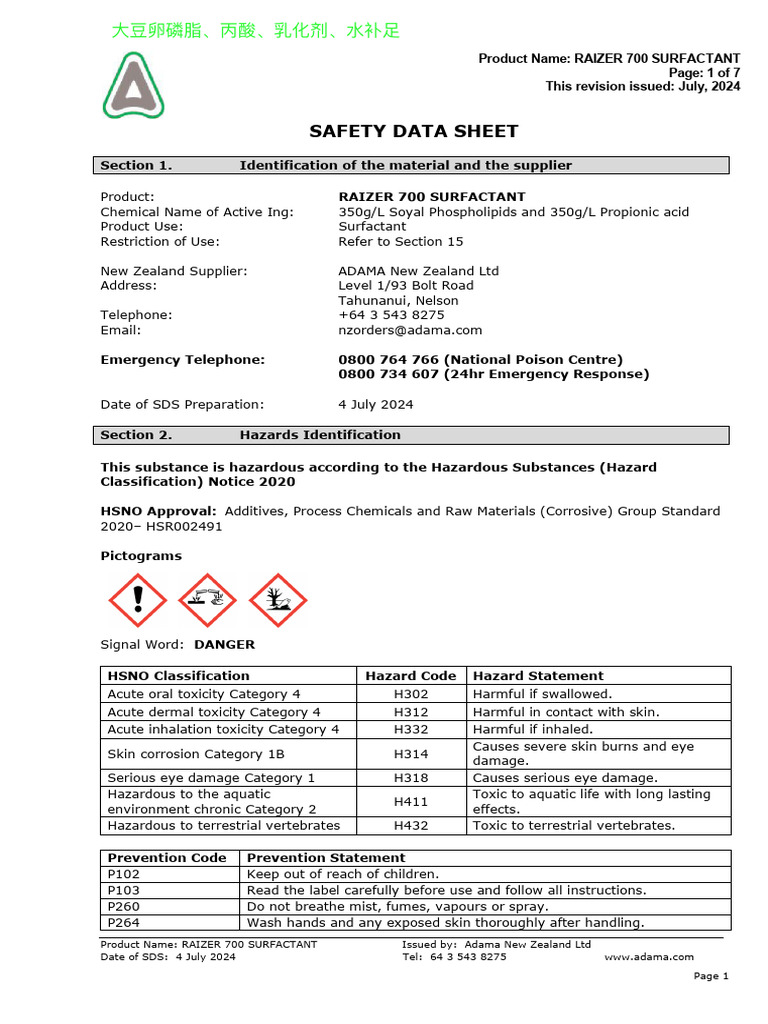 Raizer 700 Surfactant SDS) | PDF | Toxicity | Dangerous Goods
