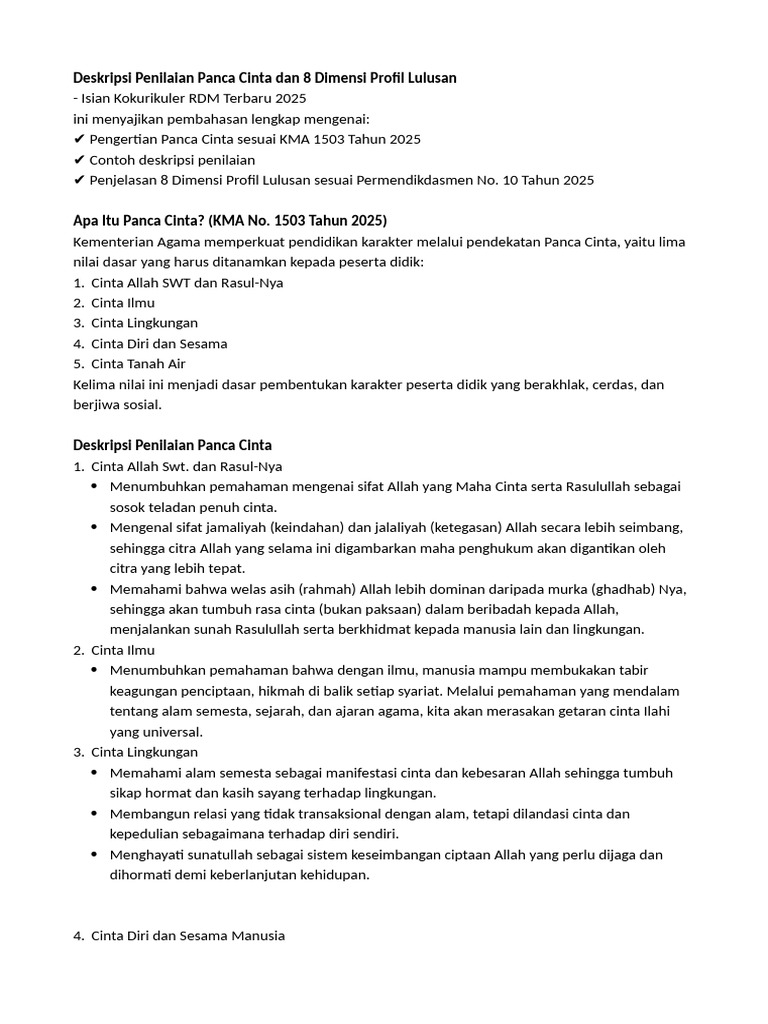 Contoh Deskripsi Penilaian Panca Cinta Dan 8 Dimensi Profil Lulusan | PDF