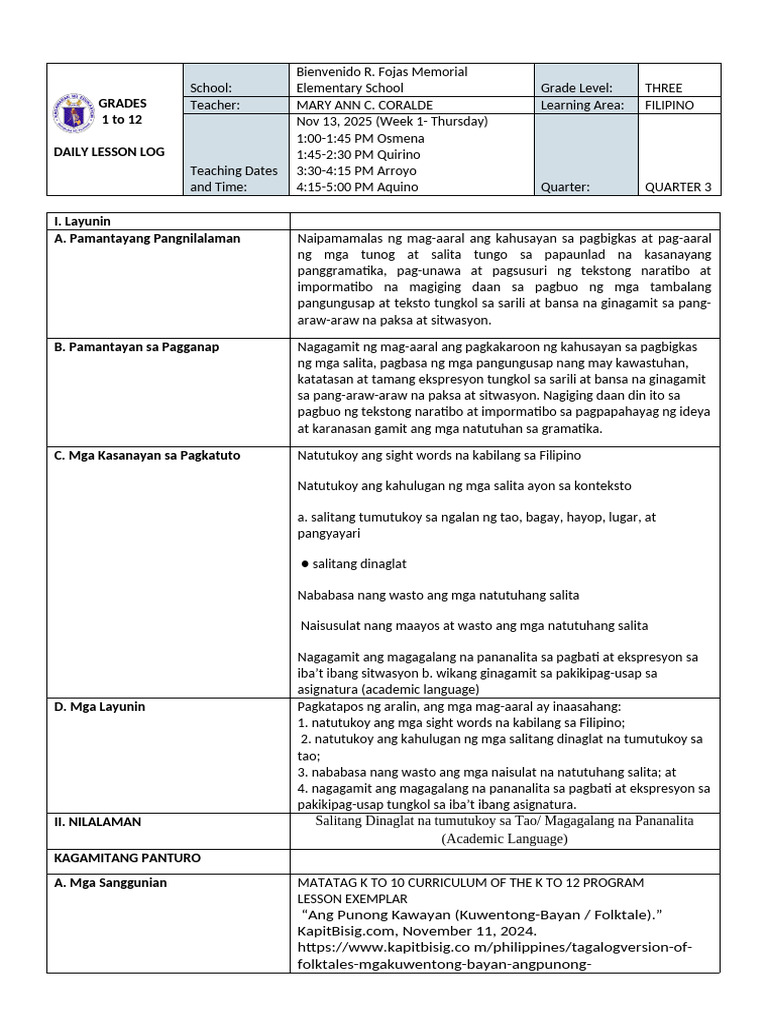 Filipino DLL Q3 W1 D2 | PDF