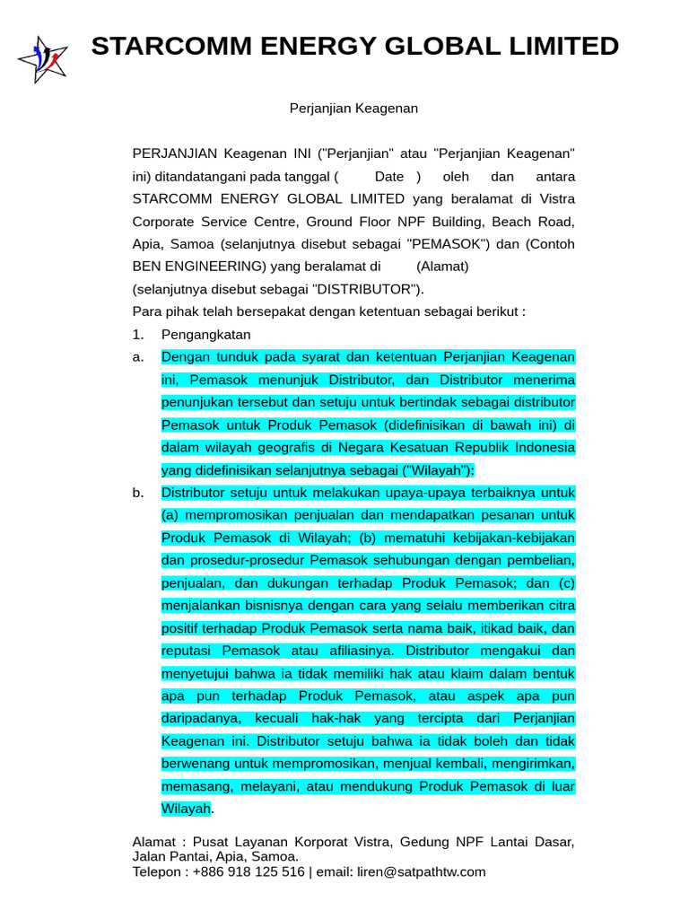 Perjanjian Keagenan STARCOMM Energy | PDF