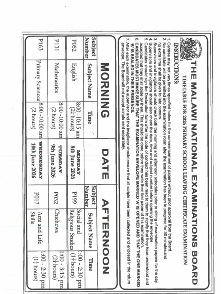 Timetable - 2026 Pslce Exam | PDF