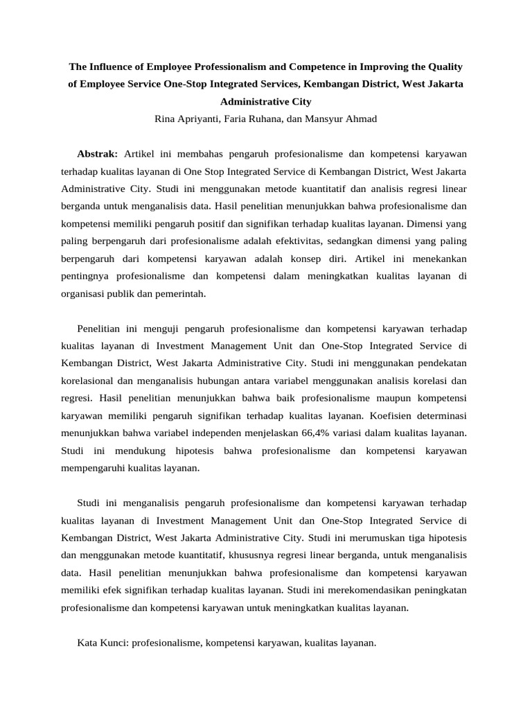 The Influence of Employee Professionalism and Competence in Improving ...