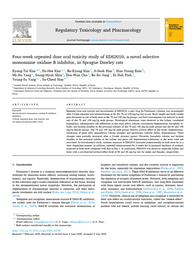 Four-Week Repeated Dose Oral Toxicity Study of KDS2010, A Novel ...