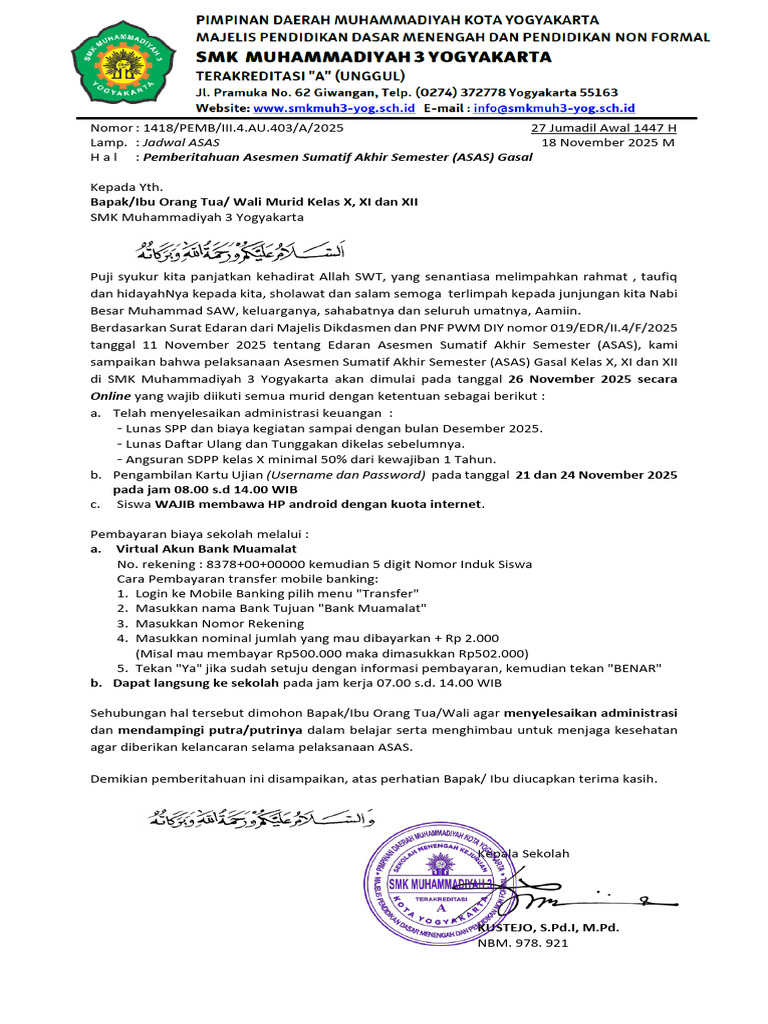 1418. Pemb. ASAS Gasal 2025 + Jadwal | PDF