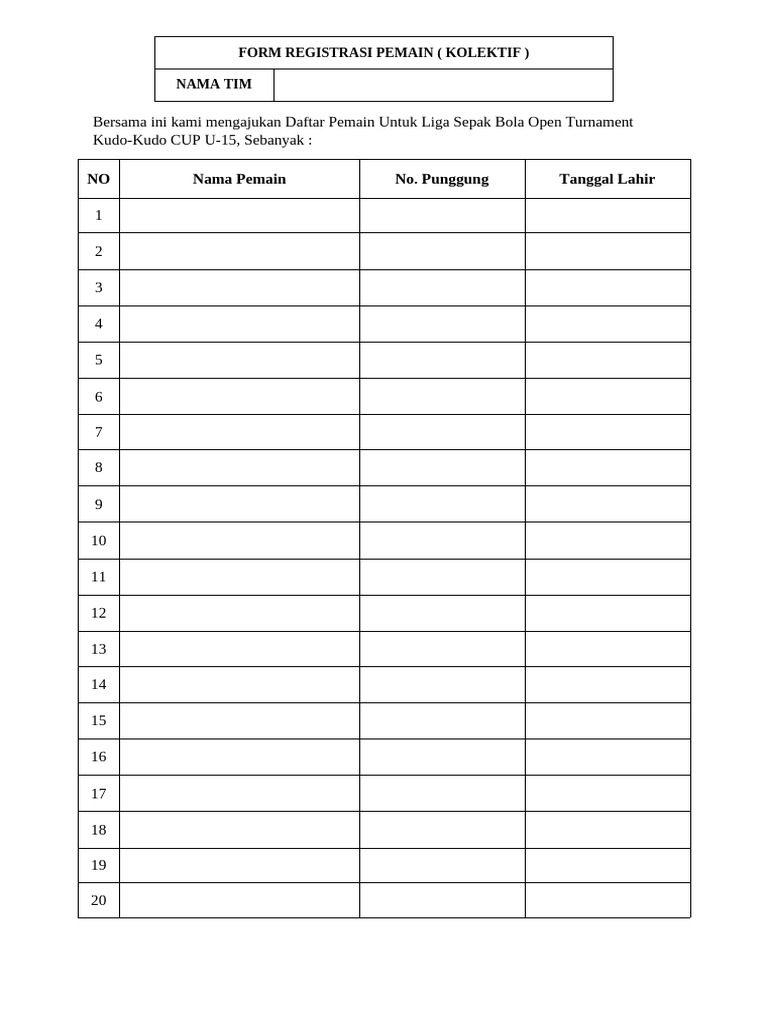 Form Registrasi Pemain | PDF