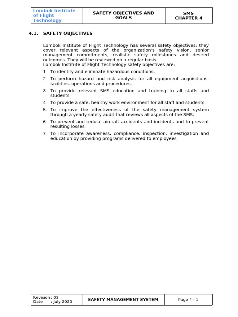Sms Chapter 4 - Safety Objective and Goals | PDF | Safety | Risk Management