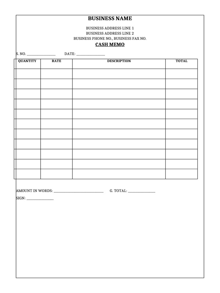 Cash Memo Format A4 PrintReady | PDF