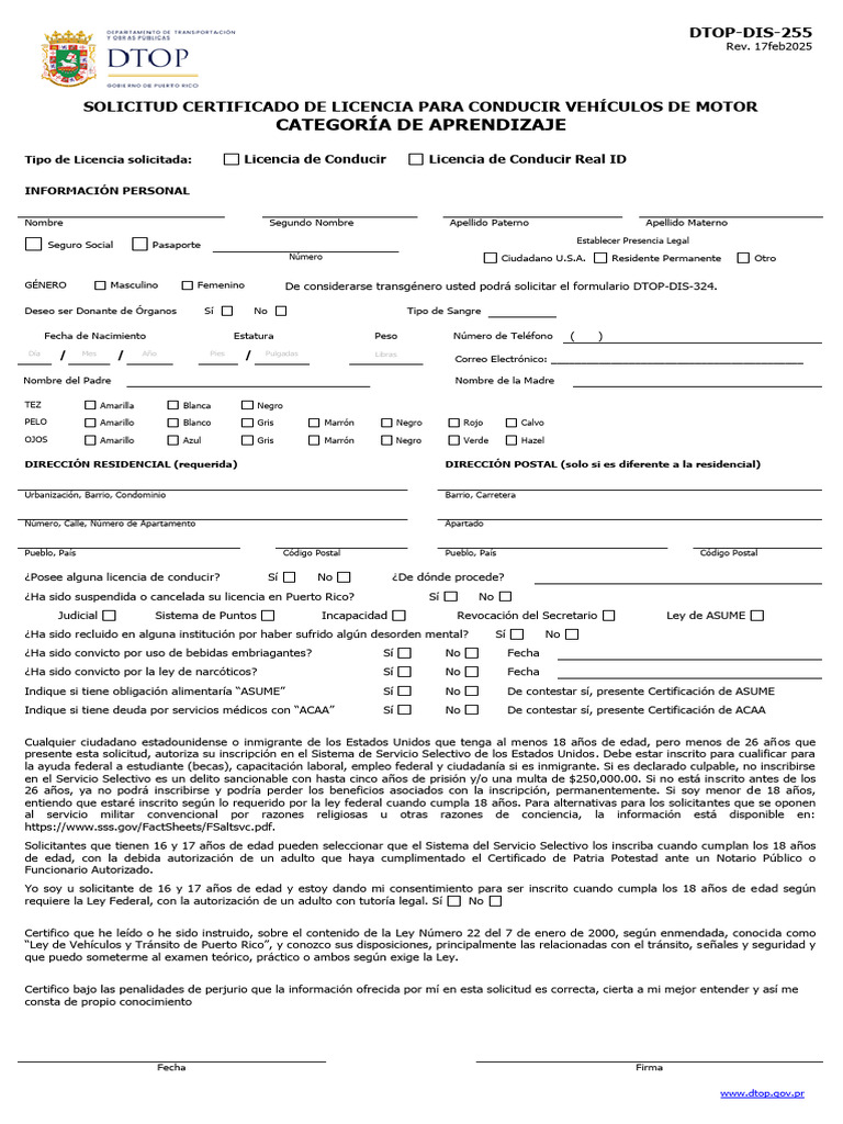 Solicitud Licencia de Conducir Puerto Rico | PDF | Número de seguridad ...