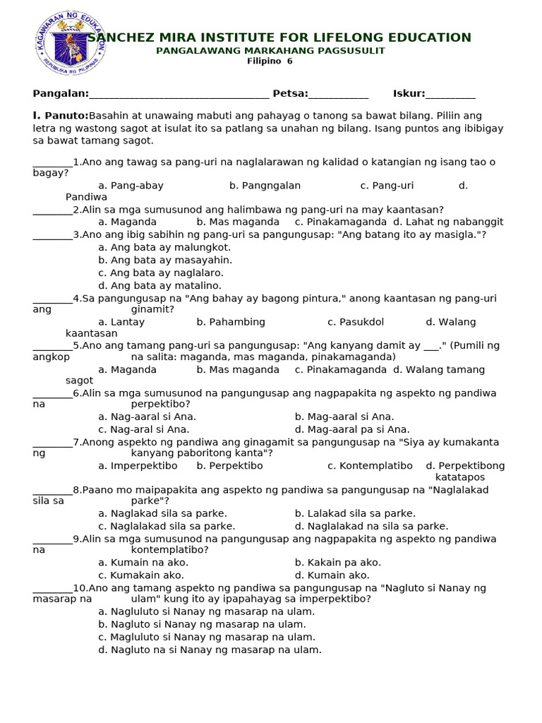 2nd Monthly Exam - Fil6 | PDF