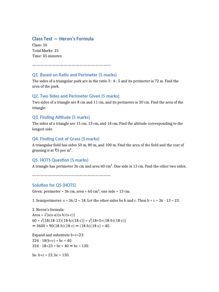 Class Test Herons Formula | PDF