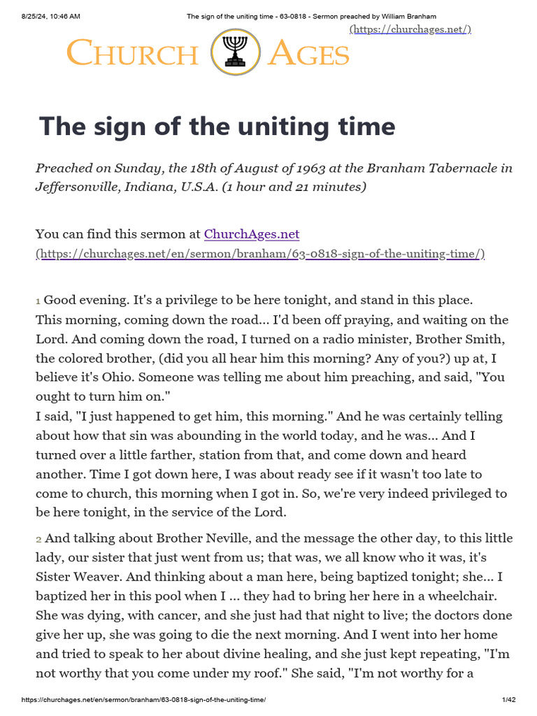 The Sign of The Uniting Time - 63-0818 - Sermon Preached by William ...