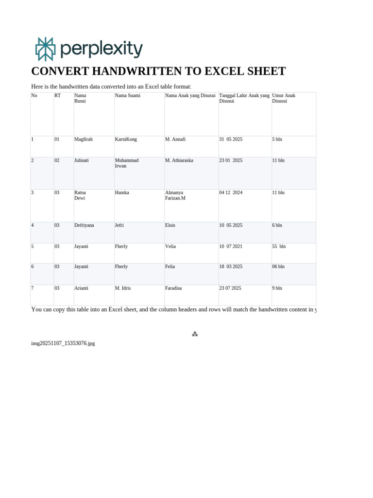 Handwritten Data to Excel Conversion | PDF