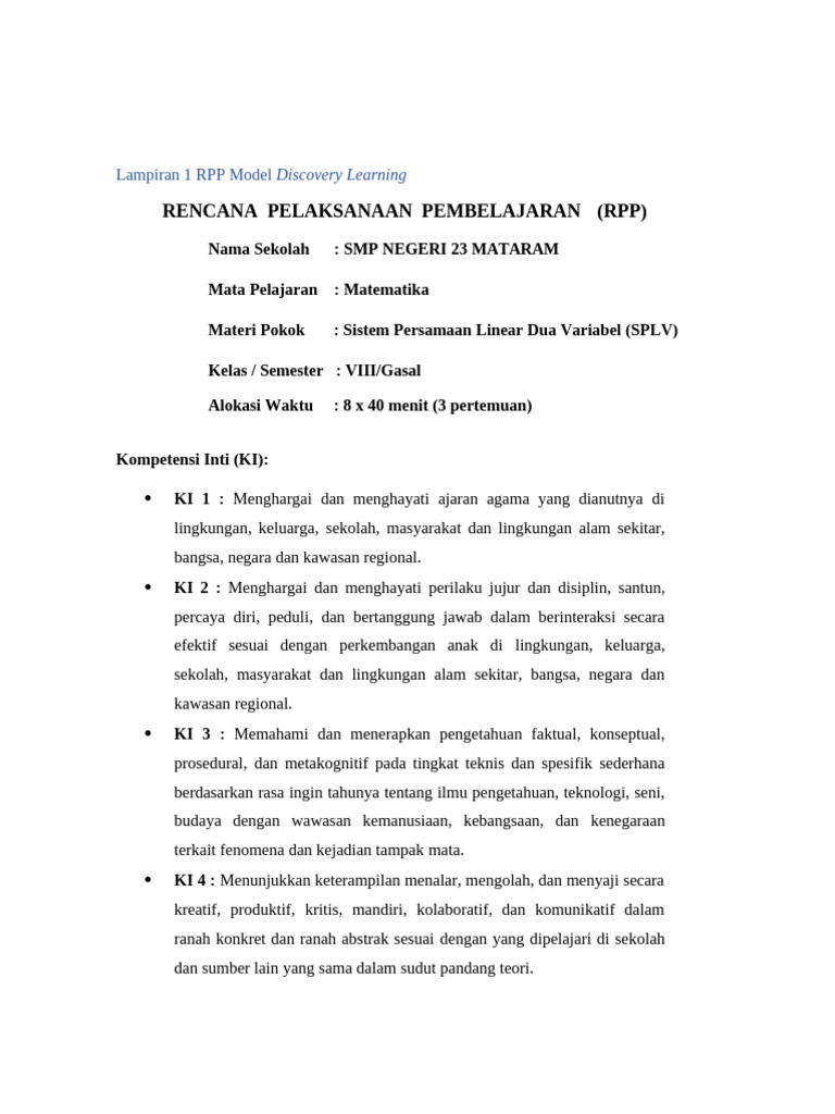 Lampiran 1 RPP Model Discovery Learning | PDF
