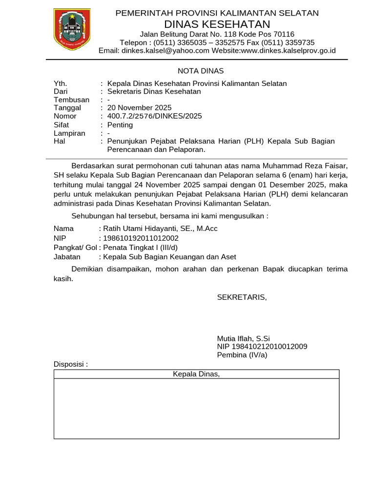 Penunjukan PLH Dinas Kesehatan Kalsel | PDF
