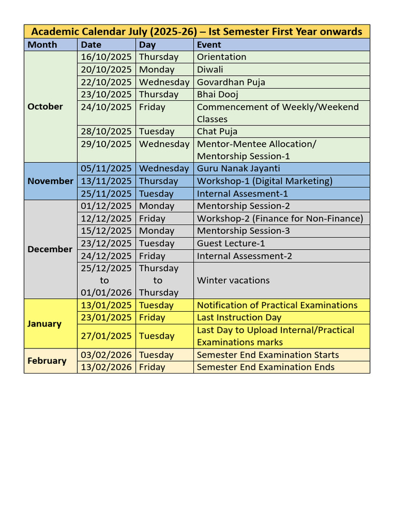 Academic Calendar Batch-July 2025-26 (Sem-1) | PDF