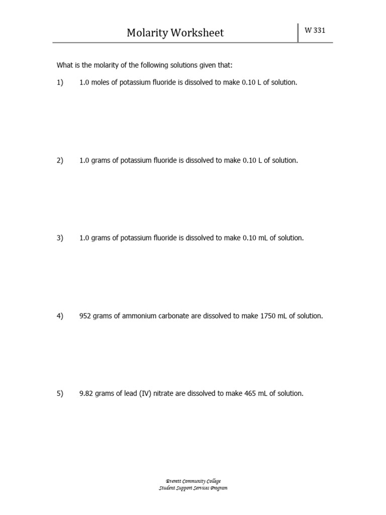w331 Molarity Worksheet | PDF