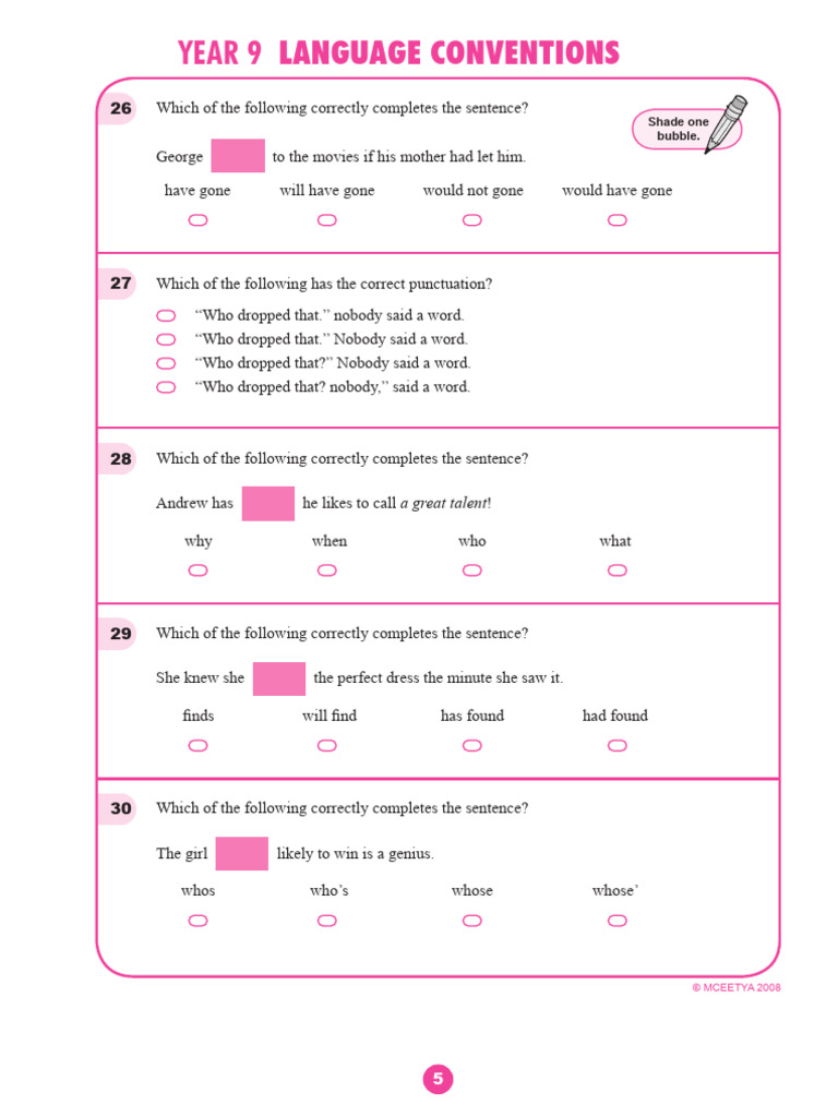 2008 Naplan Year-9 Language-Conventions Exam-Paper MCQ | PDF | Adverb ...