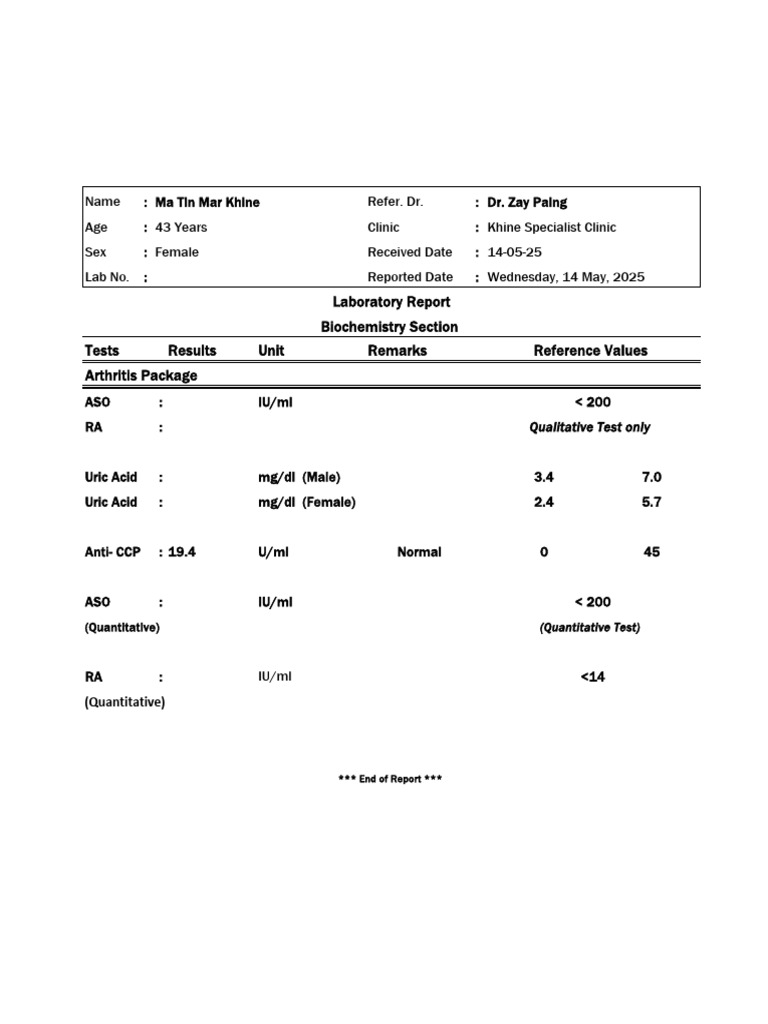 Biochemistry Lab Report for Arthritis | PDF