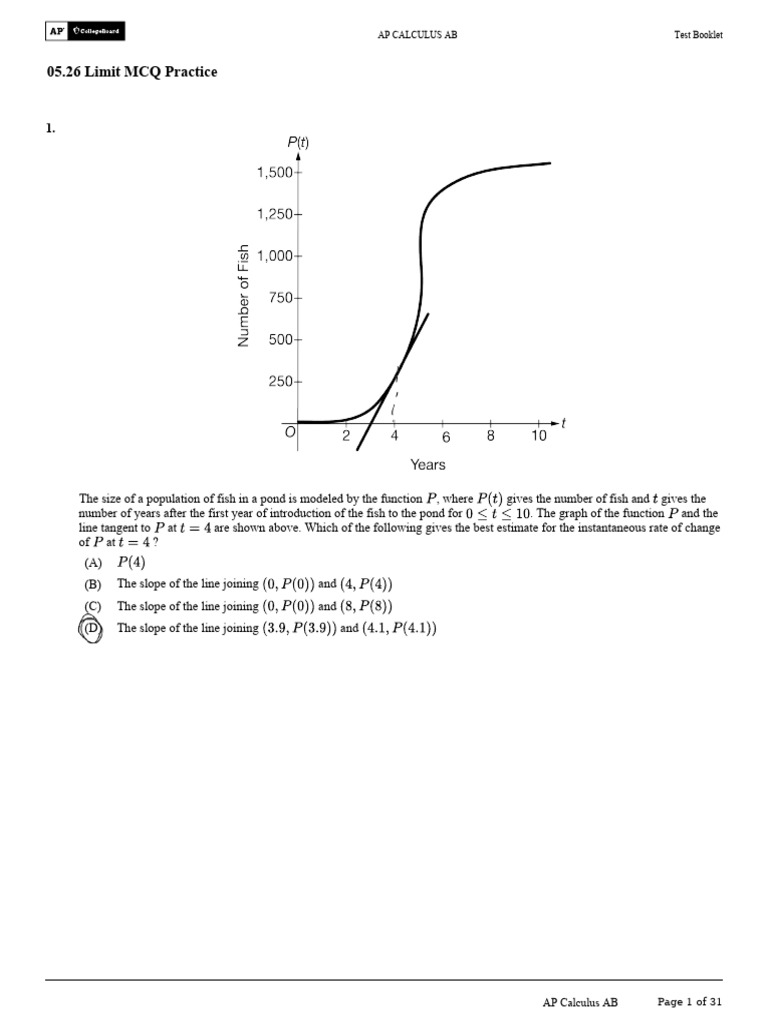 AP Calculus AB Limit MCQ Practice | PDF | Function (Mathematics) | Slope