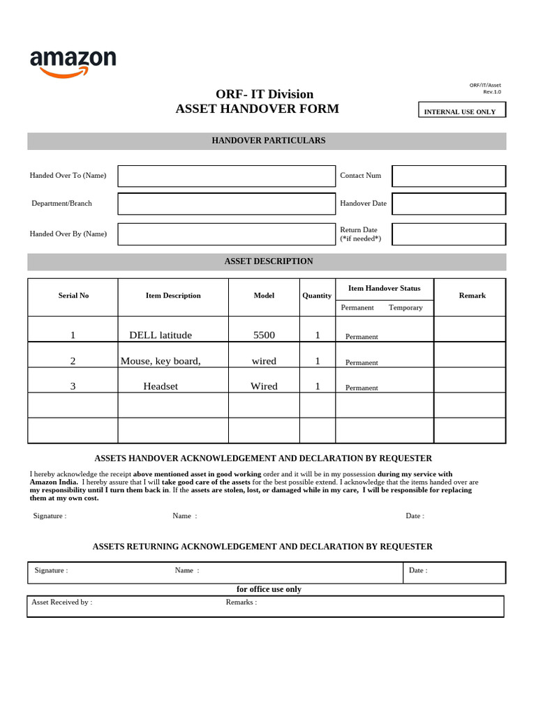Asset Handover Form | PDF