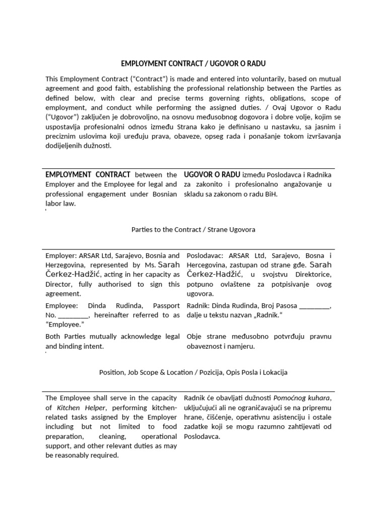 Employment Contract for Kitchen Helper | PDF | Employment | Business Law
