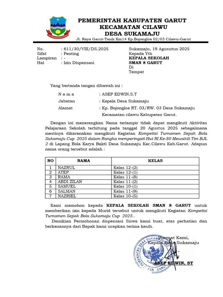 Surat Dispen Sman 8 | PDF