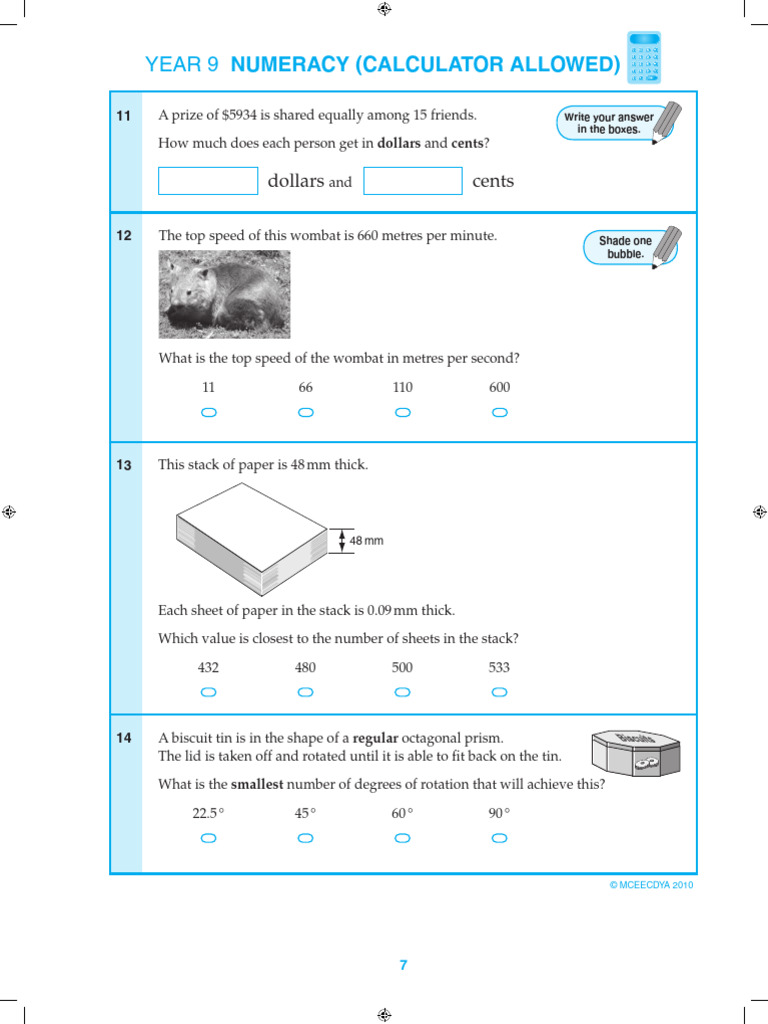 2010 Naplan Year-9 Numeracy Exam-Paper Descriptive | PDF | Area | Length