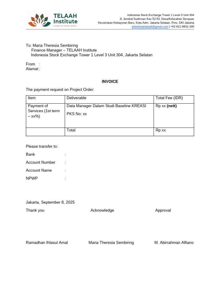 (Format) Invoice Termin 1 - Data Manager - Baseline KREASI | PDF