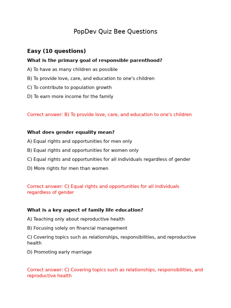 PopDev Quiz Bee: Family & Gender Education | PDF | Sustainable ...
