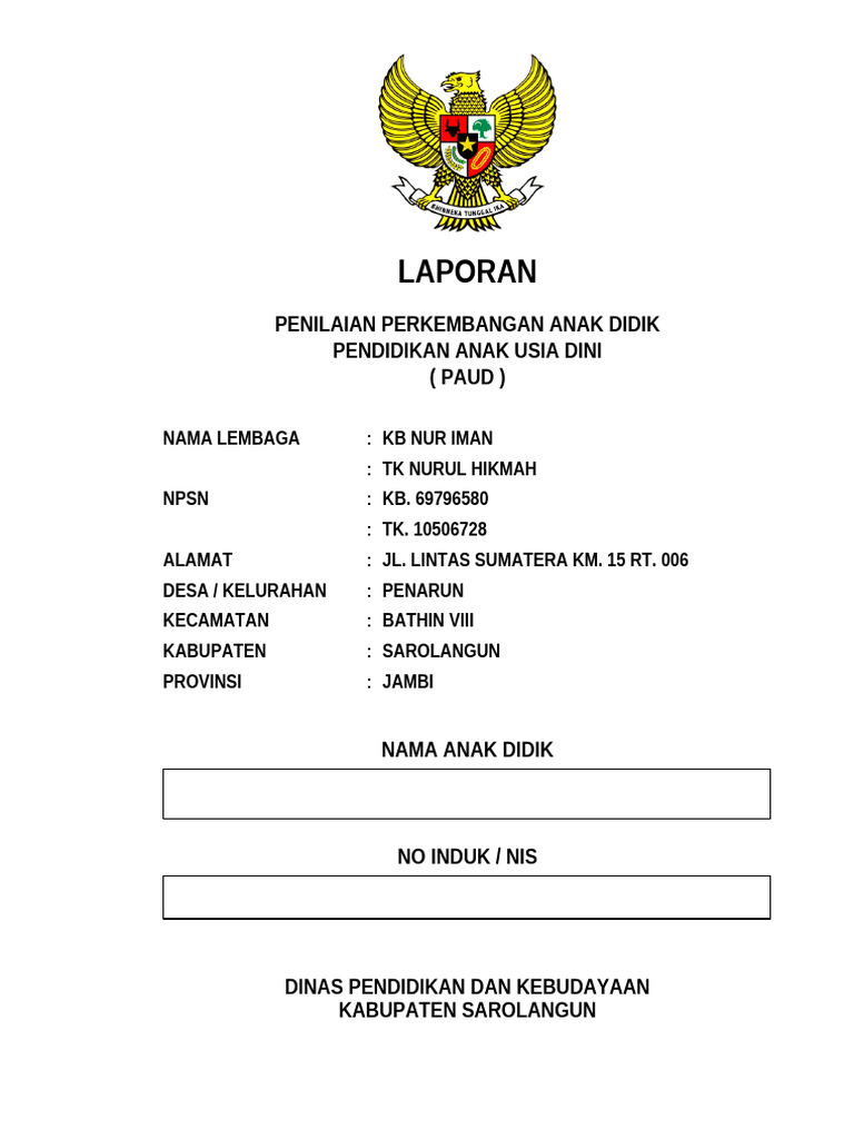 Sampul Raport Tk Paud | PDF