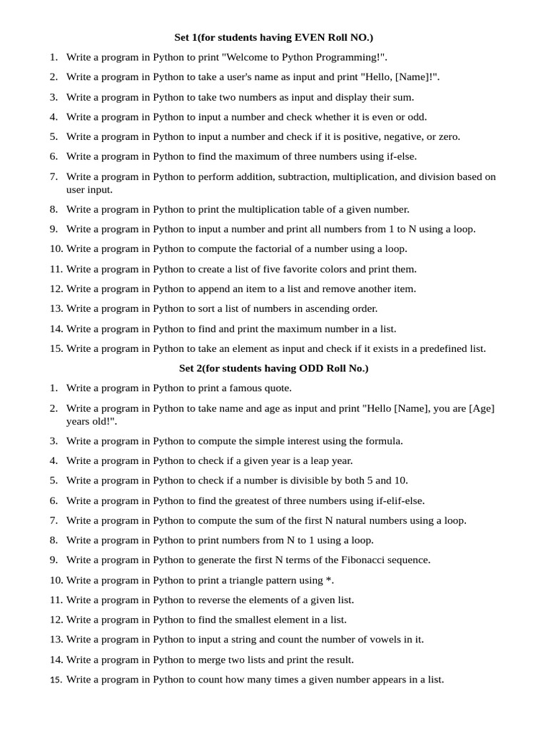 Python Programming Exercises for Students | PDF | Python (Programming ...