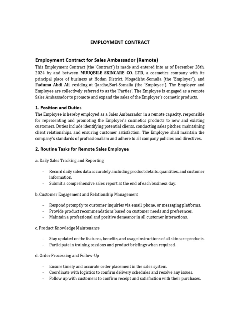 Remote Sales Ambassador Contract | PDF | Employment | Confidentiality