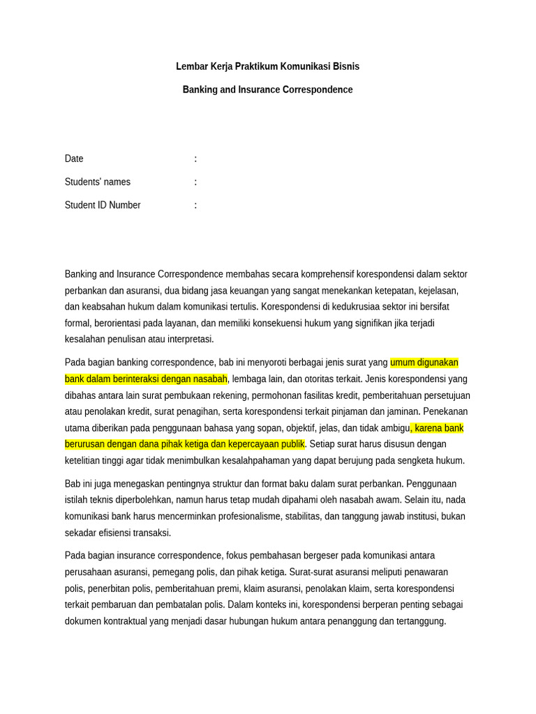 Korespondensi Perbankan dan Asuransi | PDF