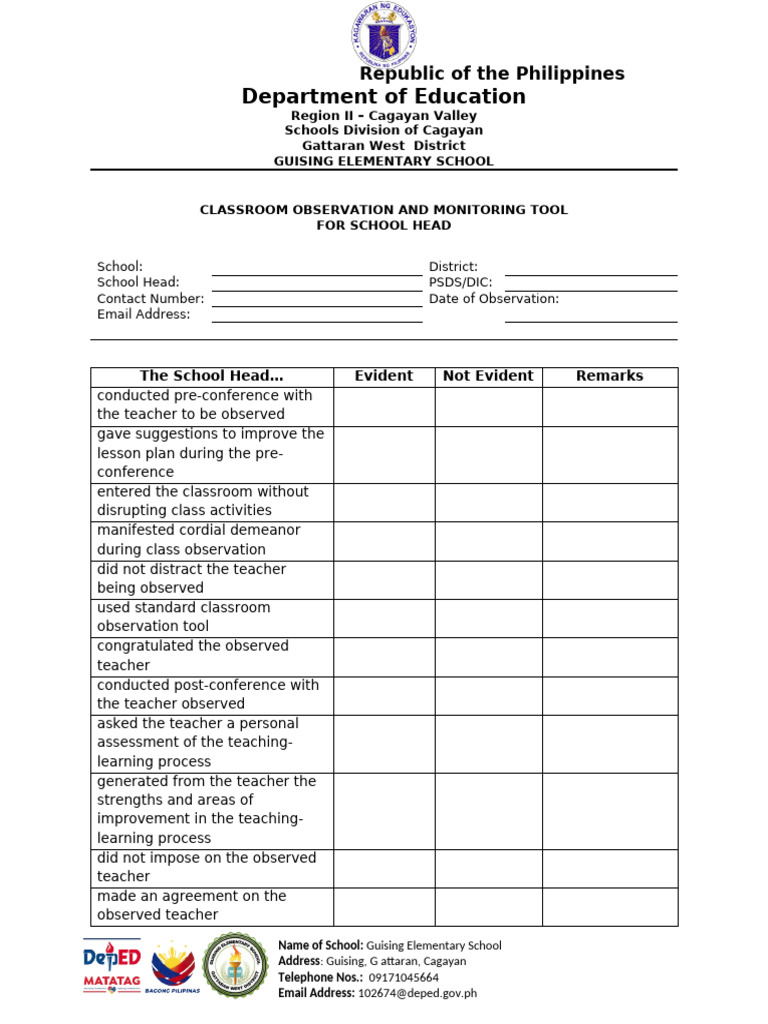 Guising Elementary School Observation Tool | PDF | Teachers | Classroom