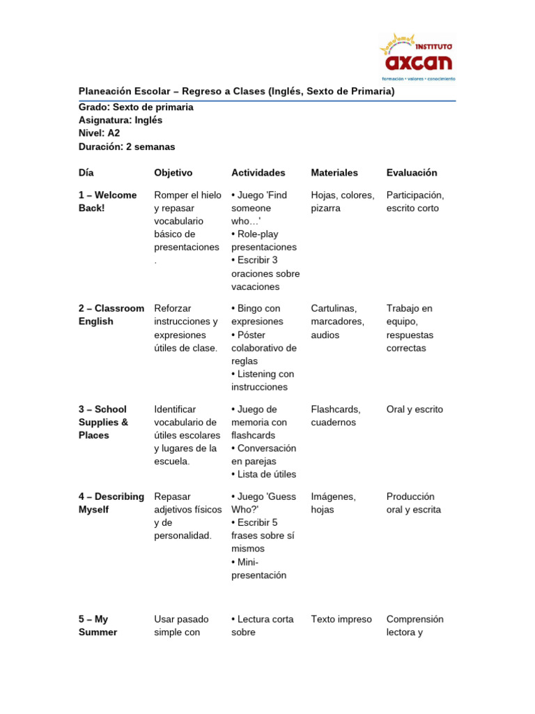Planeacion Ingles Sexto Primaria | PDF