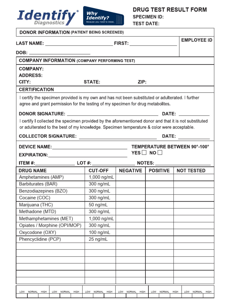10 Panel Drug Test Cup Printable Results Form IDENTIFY DIAGNOSTICS ID ...