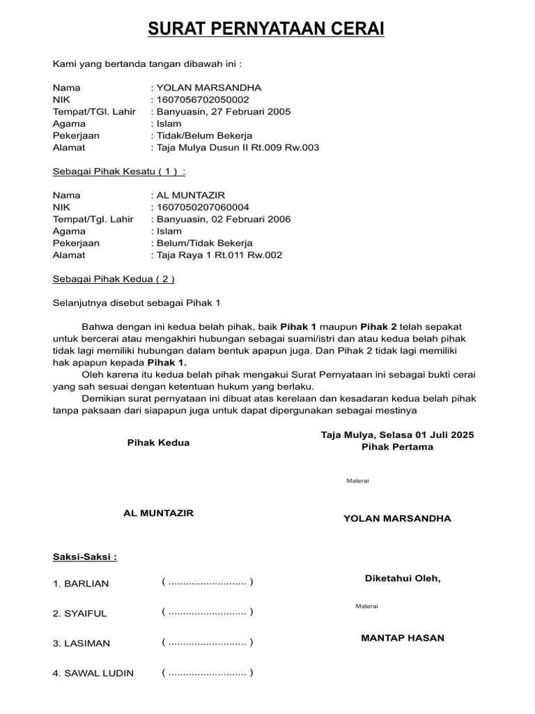 Surat Pernyataan Cerai Yolan dan Al Muntazir | PDF