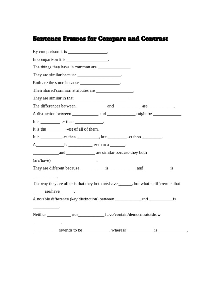 Compare and Contrast Sentence Frames | PDF