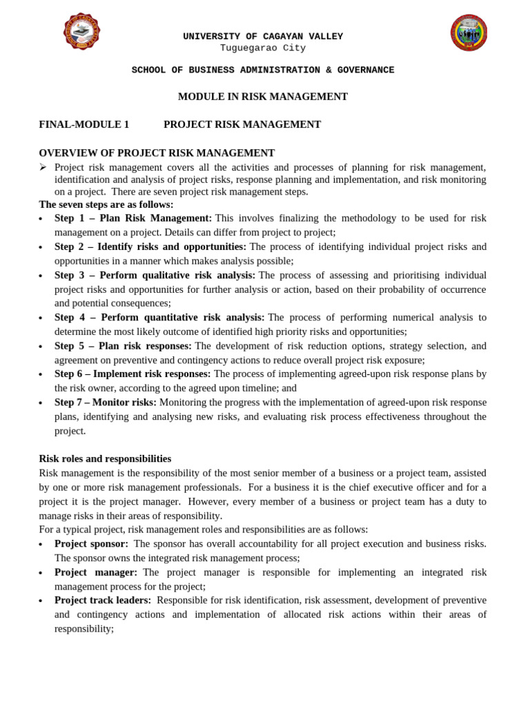 Finals Module 1 Risk Mgt. Project Risk Management | PDF | Risk ...