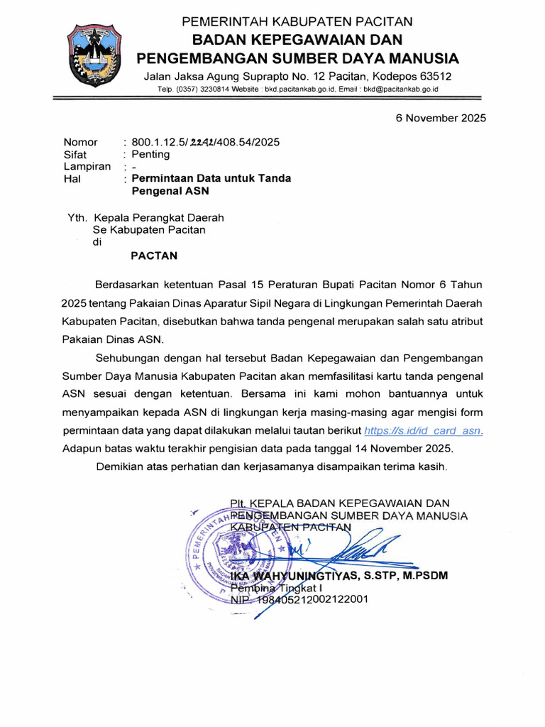 Permintaan Data Tanda Pengenal Asn | PDF