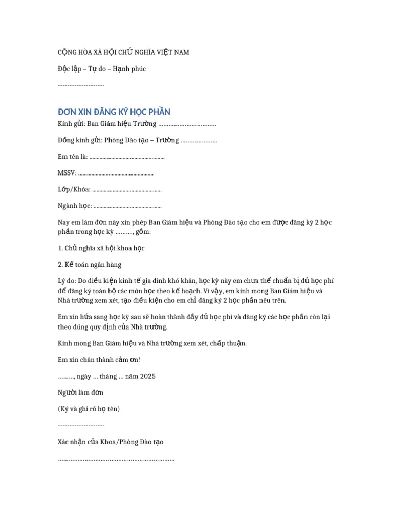 Don Xin Dang Ky Hoc Phan | PDF